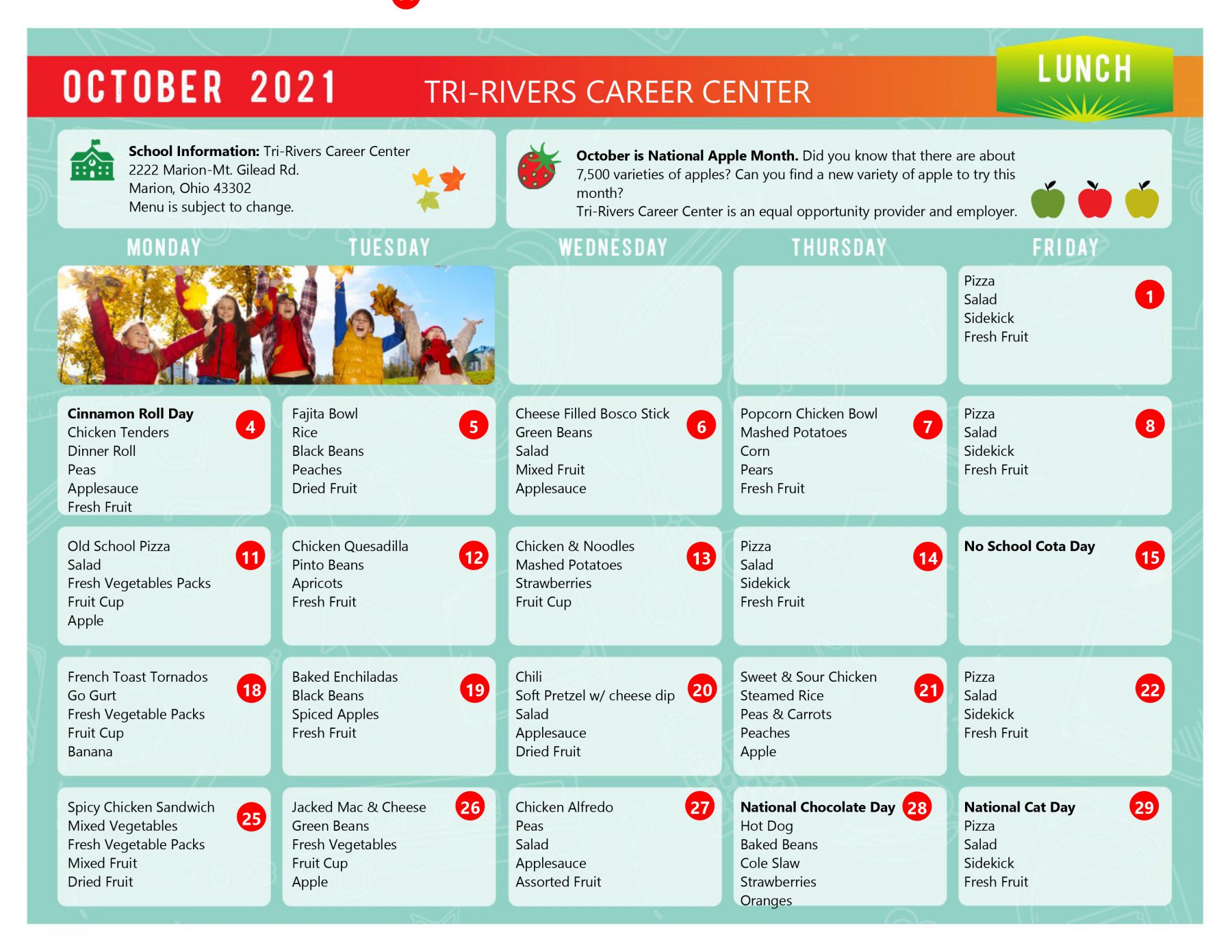 October & November 2021 Lunch Menu - Tri-Rivers Career Center & Center ...
