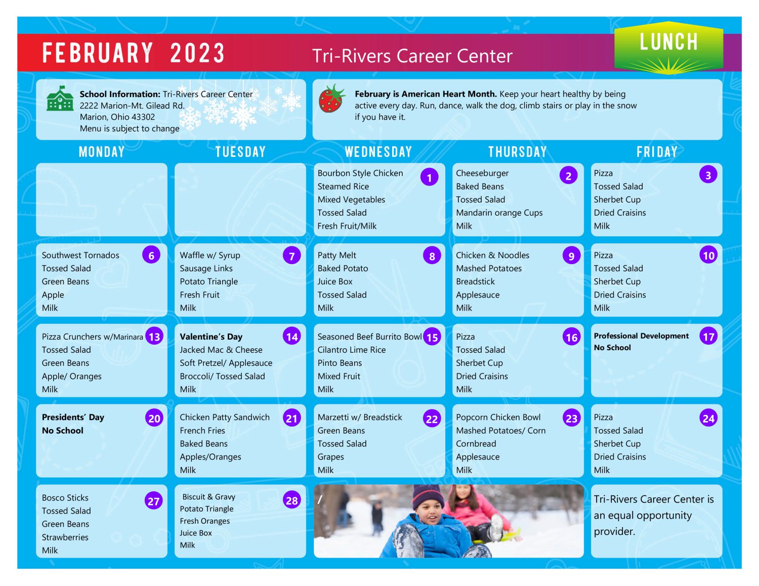 February Lunch Menu - Tri-Rivers Career Center & Center for Adult Education