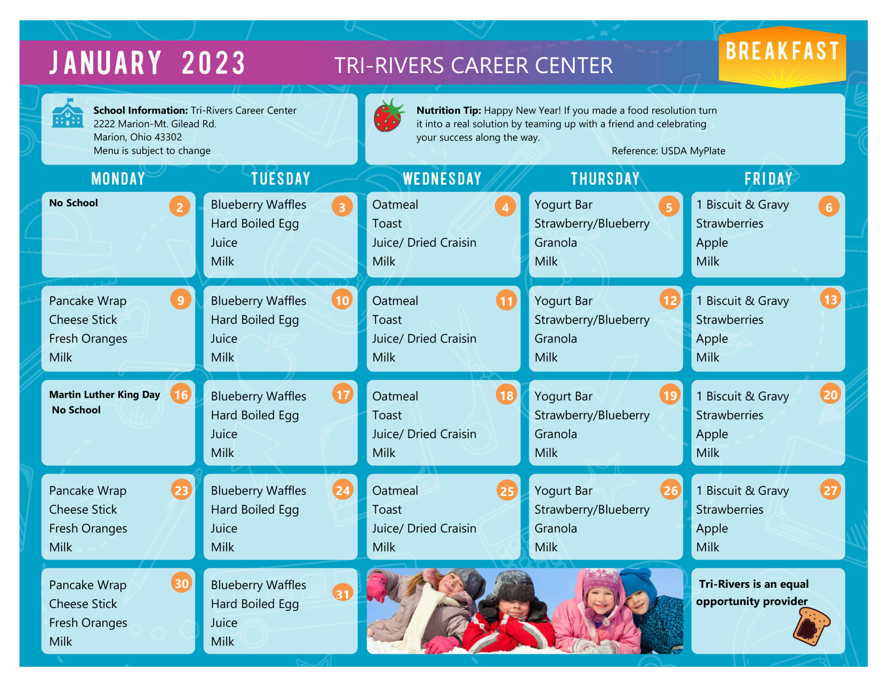 January 2023 Breakfast/Lunch Menus - Tri-Rivers Career Center & Center ...