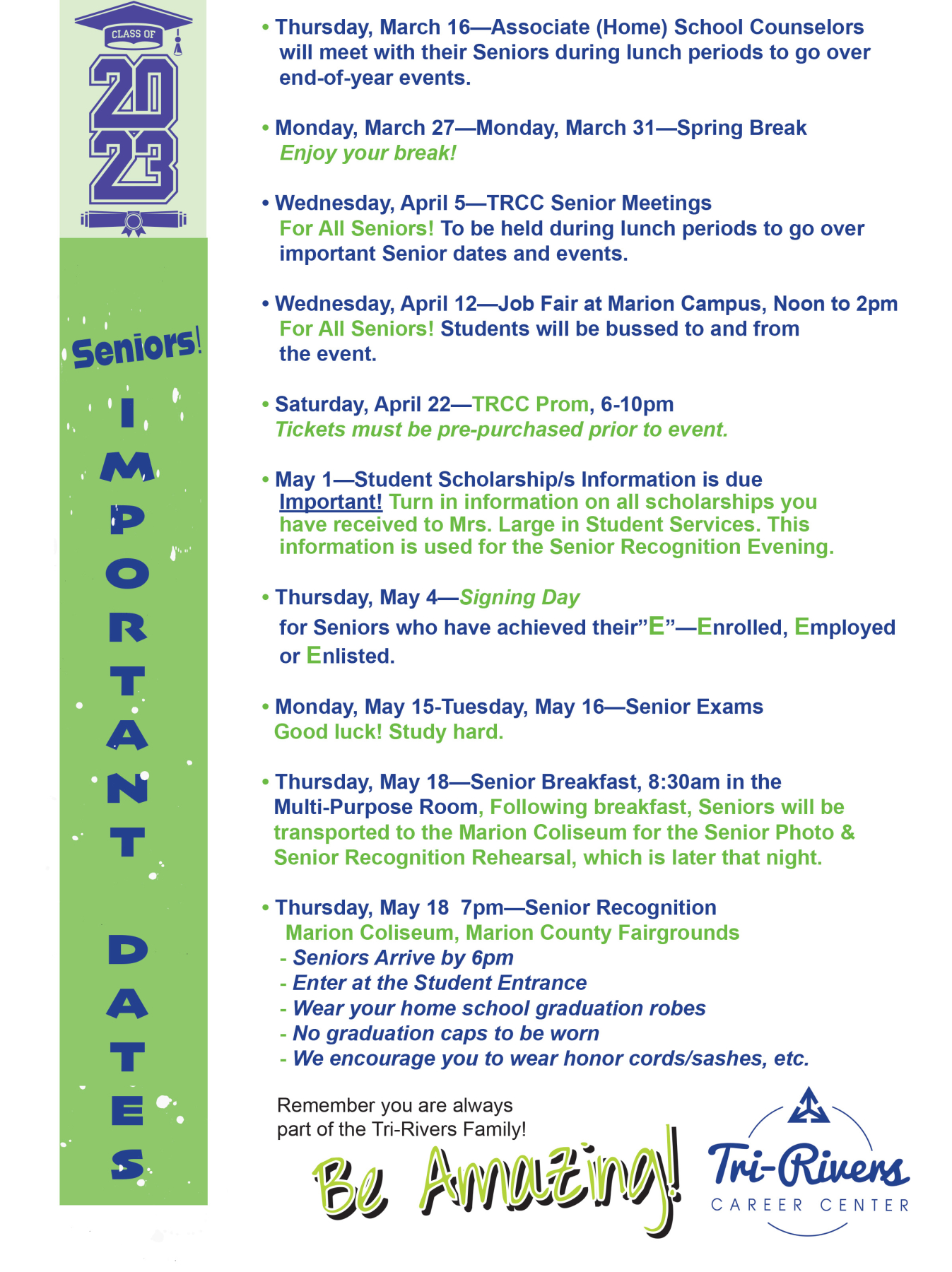 2023 Seniors: Important Dates/Info - Tri-Rivers Career Center & Center ...