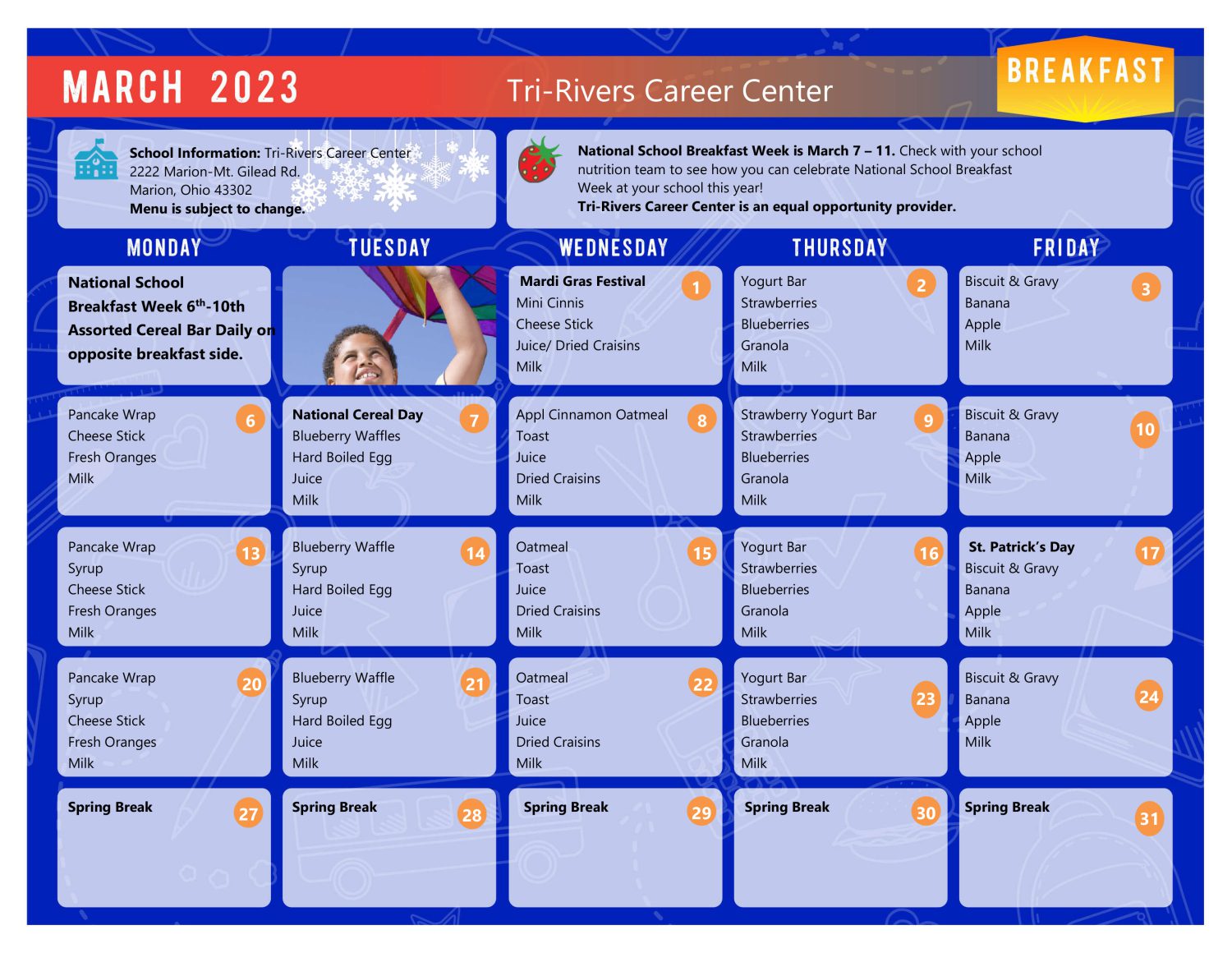 March Breakfast & Lunch Menus - Tri-Rivers Career Center & Center for ...