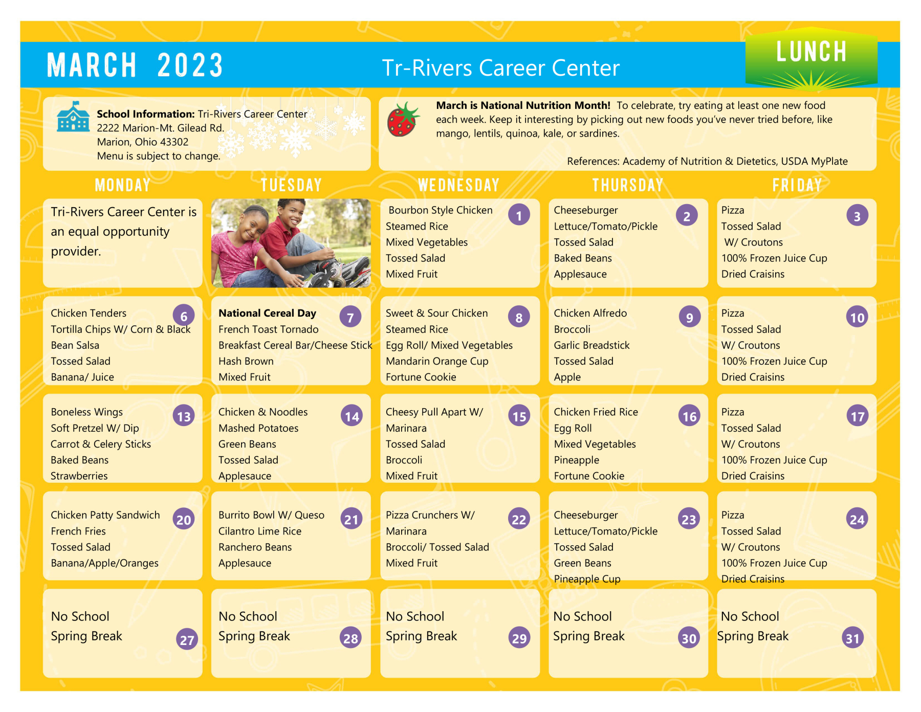 March Breakfast & Lunch Menus - Tri-Rivers Career Center & Center for ...