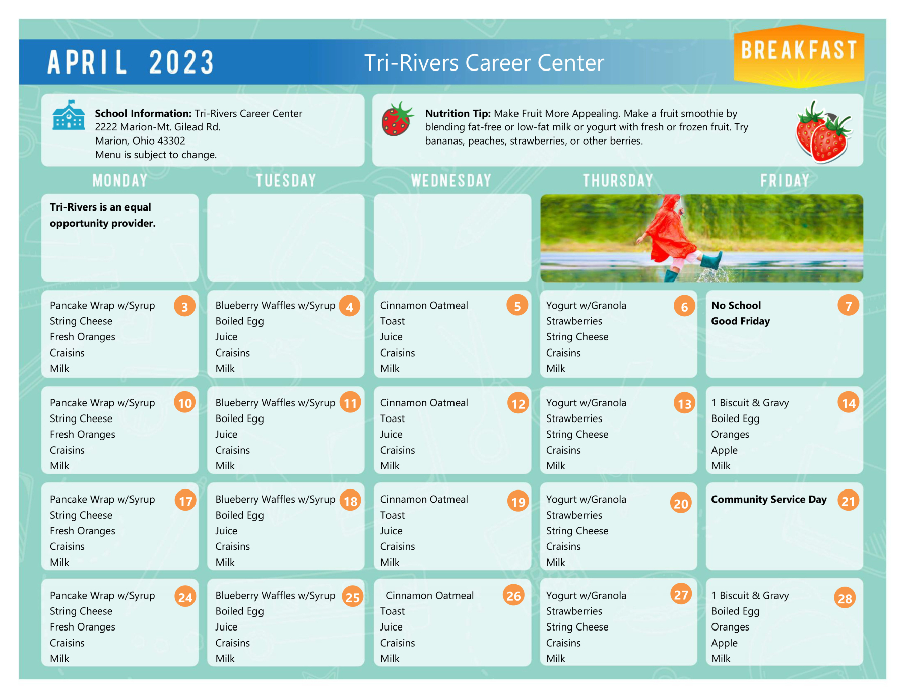 April Breakfast & Lunch Menus - Tri-Rivers Career Center & Center for ...