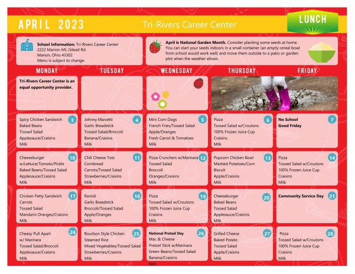 April Breakfast & Lunch Menus - Tri-Rivers Career Center & Center for ...