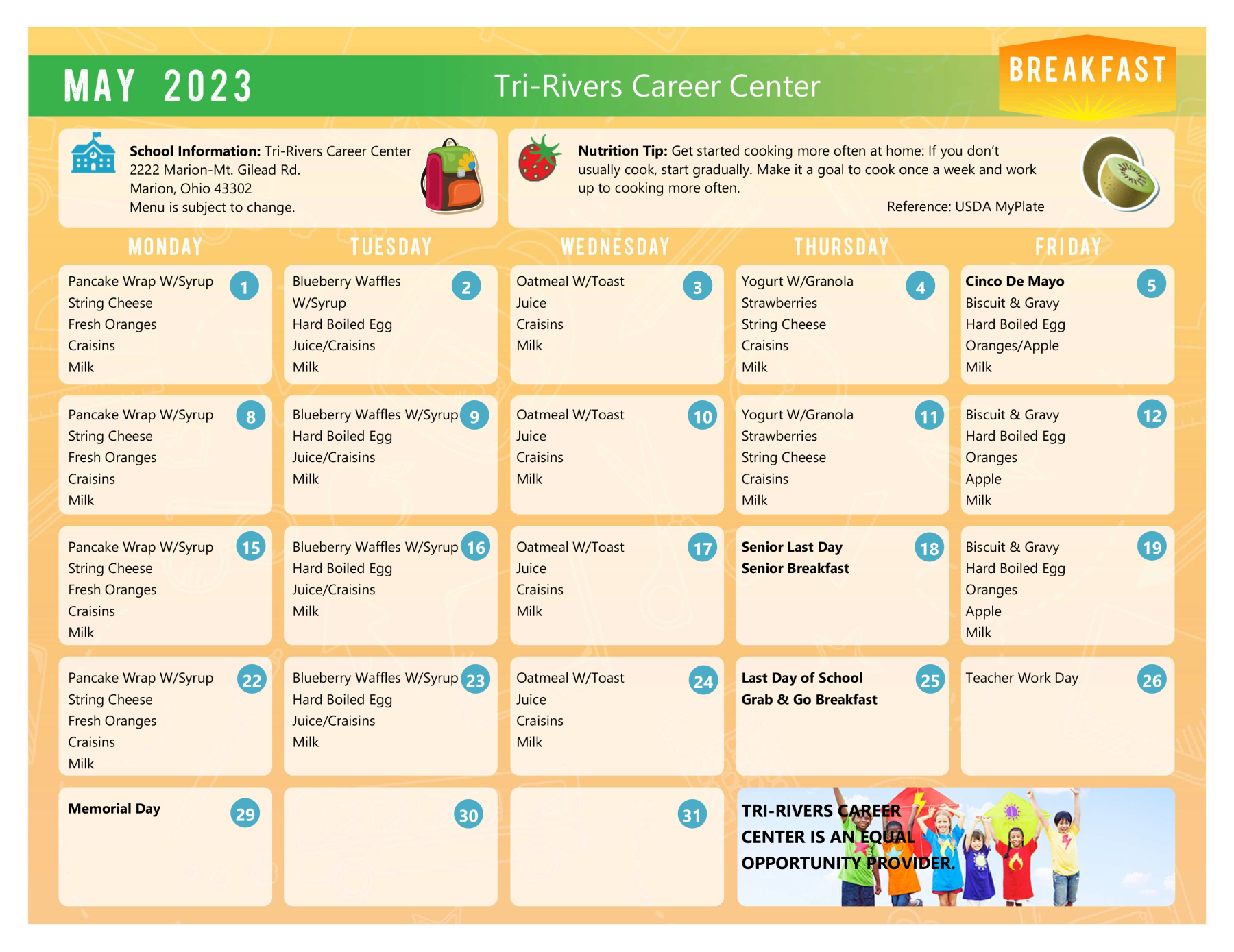 May Breakfast & Lunch Menus - Tri-Rivers Career Center & Center for ...