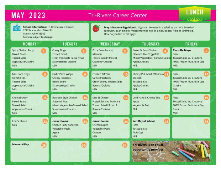 May Breakfast & Lunch Menus - Tri-Rivers Career Center & Center for ...